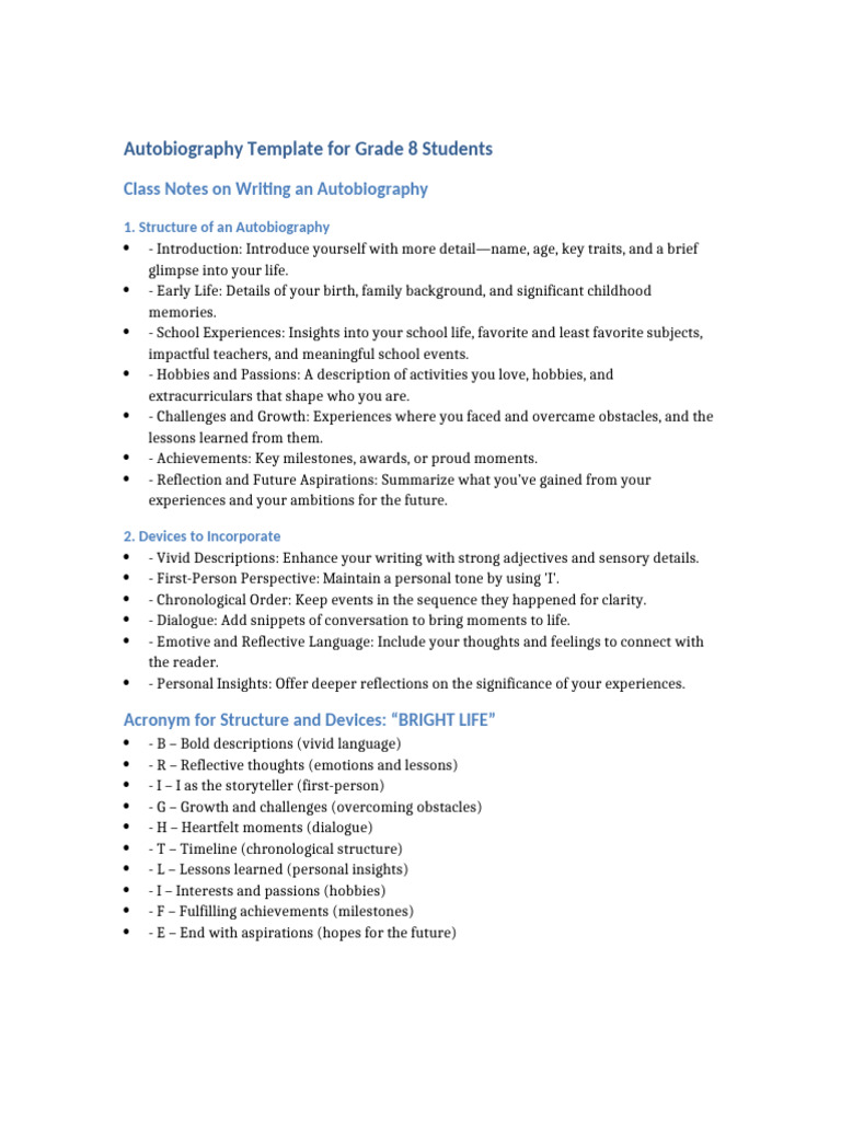 Grade 8 Autobiography Handout | PDF