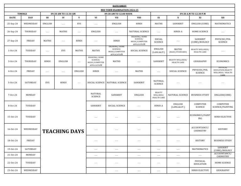 Mid Term Date Sheet 2024-25 | PDF | Inquiry | Observation