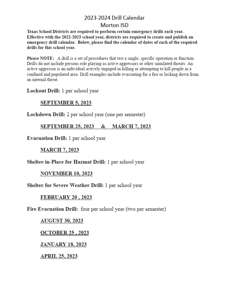 2023-2024 Calendar of Drills | PDF | Safety | Public Safety