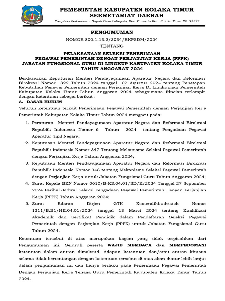 PENGUMUMAN FORMASI GURU_KAB KOLAKA TIMUR_TA 2024 | PDF