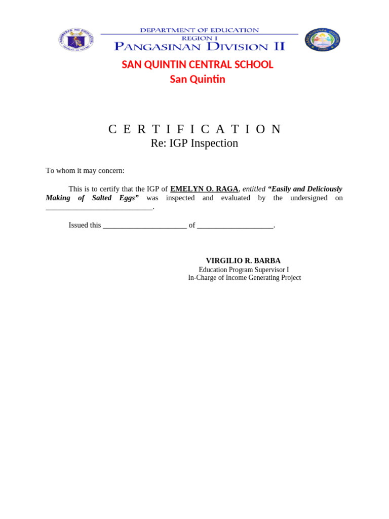 Igp Inspection Certification | PDF