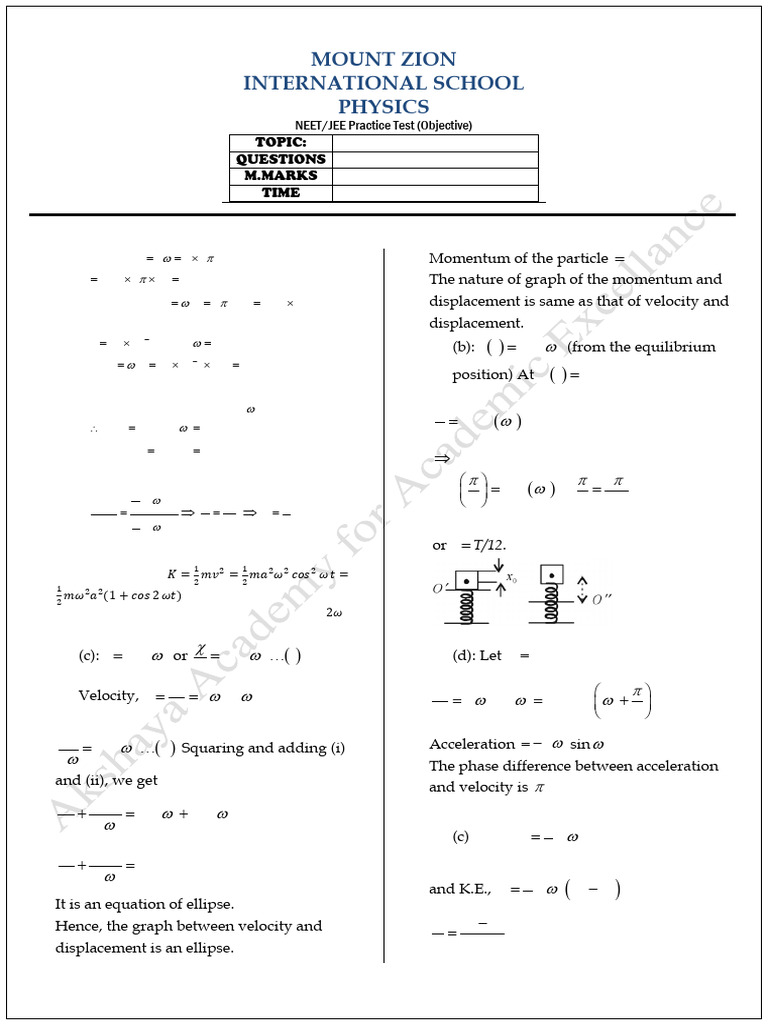 11 TH Jee SHM Test 10 TH Jan 2025 Ans Key | PDF | Velocity | Kinetic Energy