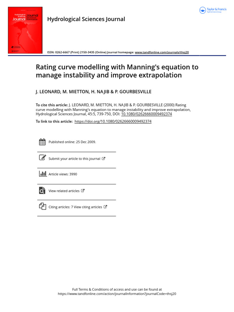 Rating Curve Modelling With Manning S Equation To Manage Instability and Improve Extrapolation ...