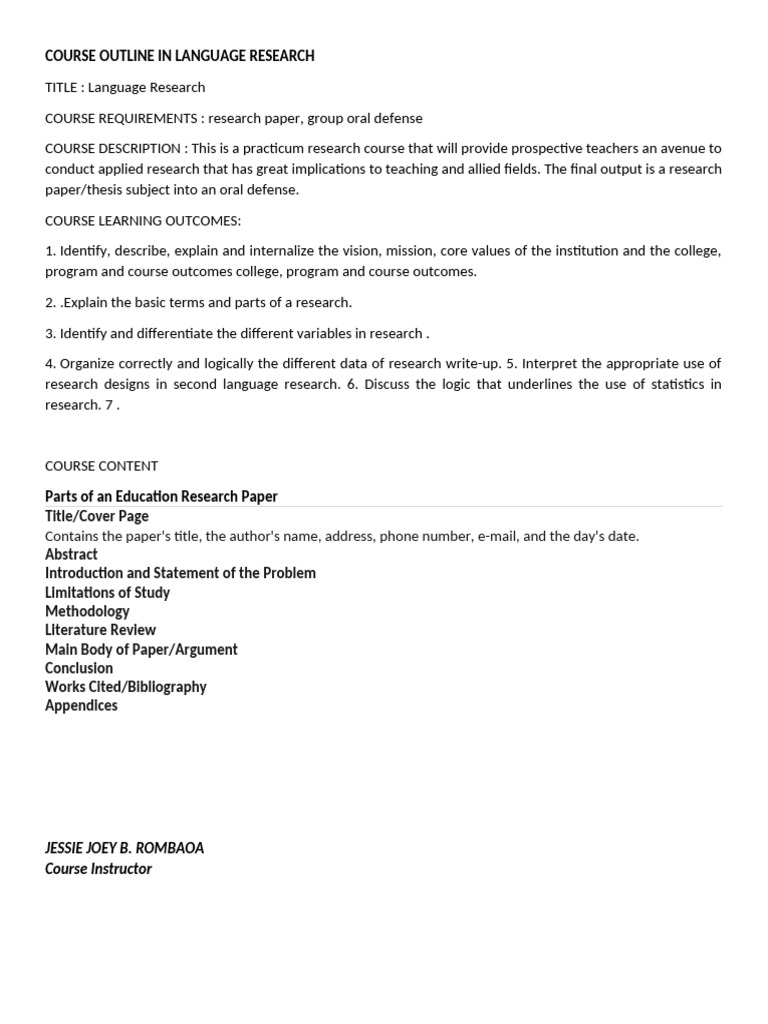 Course Outline in Language Research | PDF