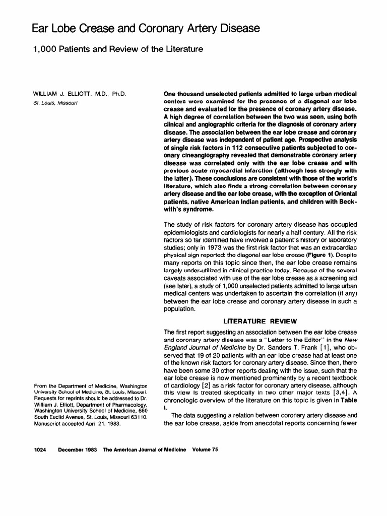 Ear Lobe Crease and Coronary Artery Disease: 1,000 Patients and Review ...