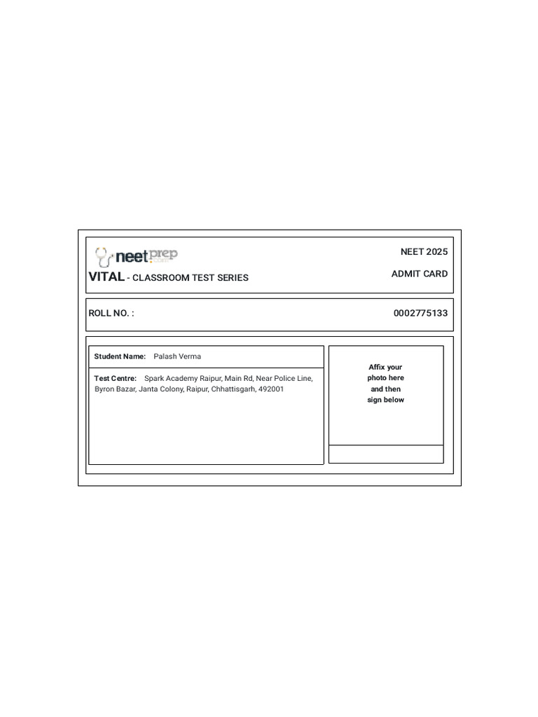 Classroom Test Series - Admit Card | PDF