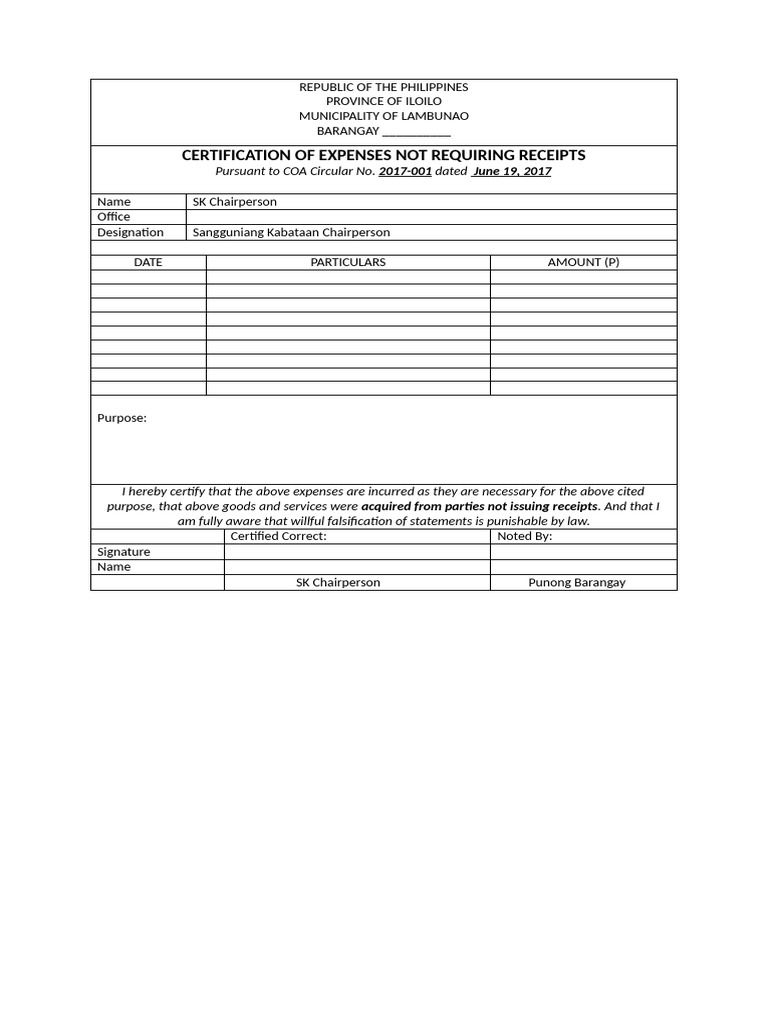 SK Certification of Expenses Without Receipts | PDF