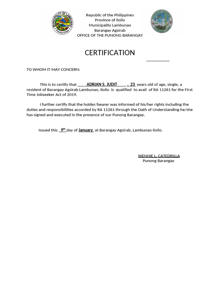 Certification For First Time Jobseeker | PDF