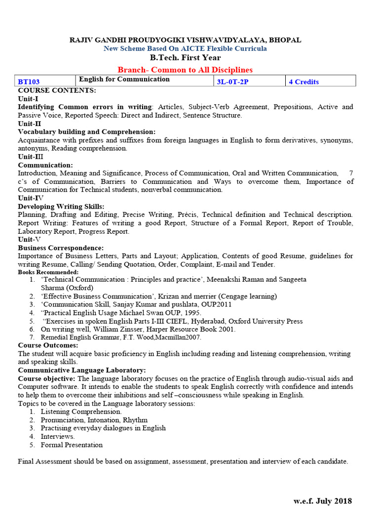 RGPV BT103 English for Communication Syllabus | PDF | English Language ...