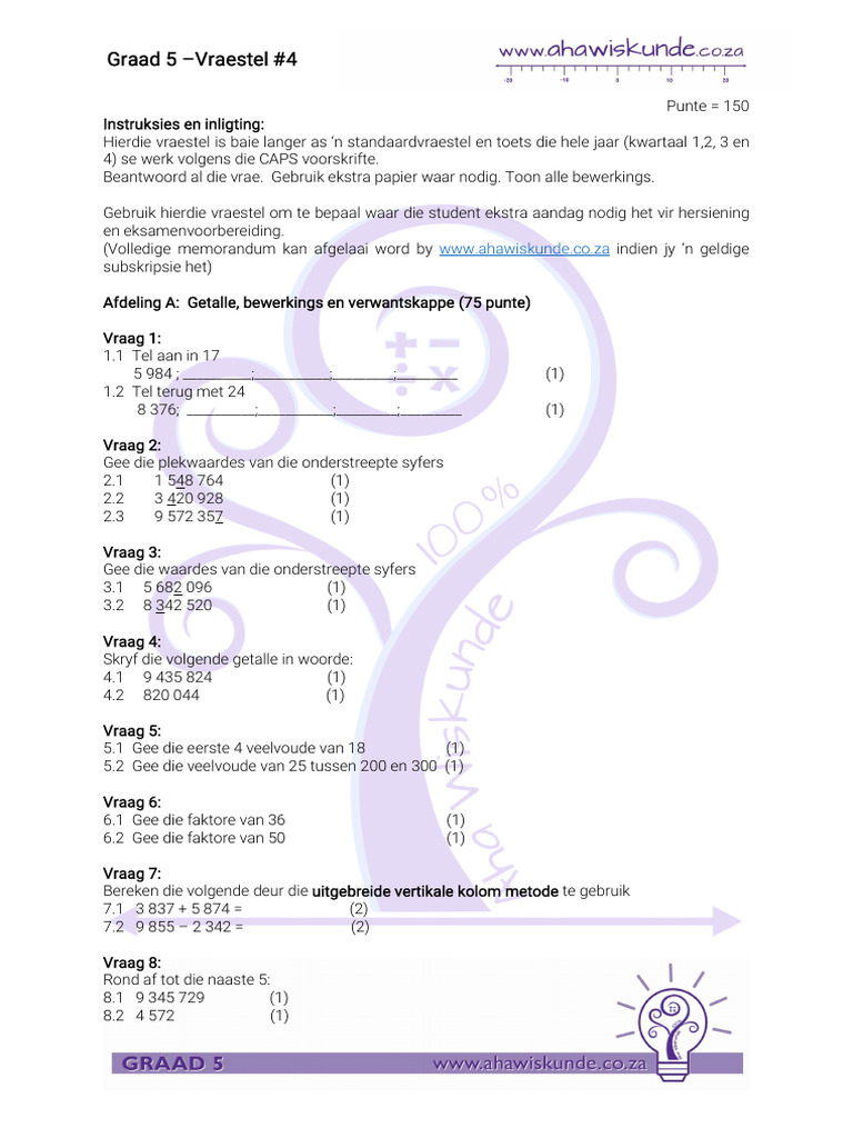 Graad 5 AHA Vraestel 4 1 | PDF