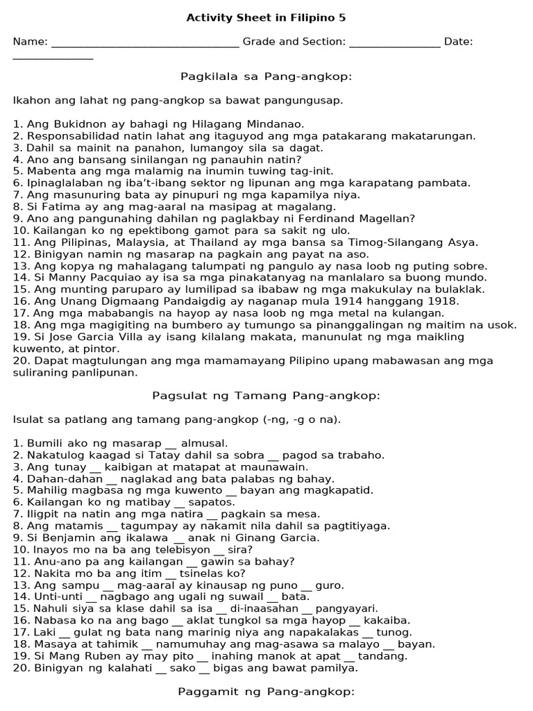 Activity Sheet in Filipino 5 | PDF