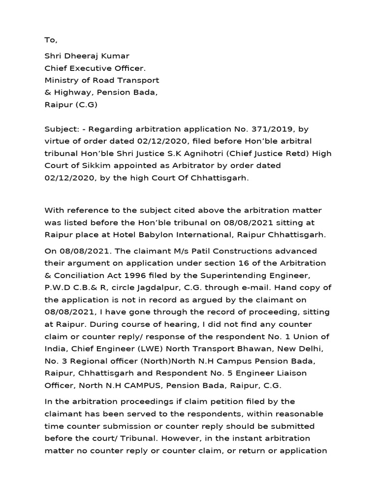 Arbitration Letter ASG Correcte | PDF | Arbitration | Courts