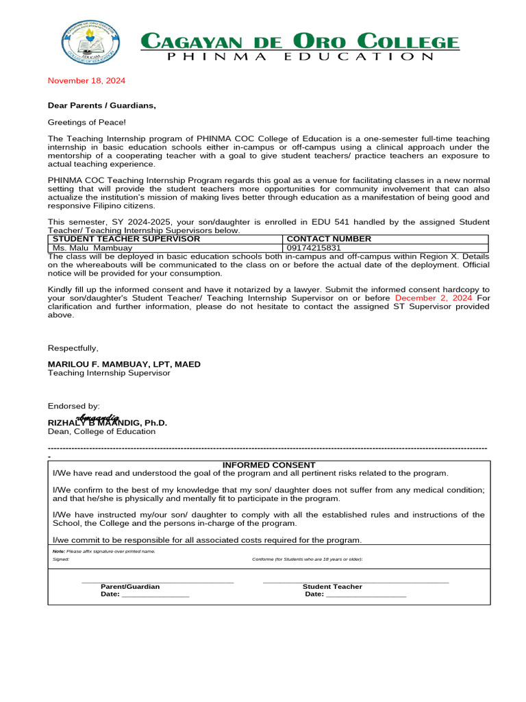 PHINMA COC Teaching Internship Consent | PDF | Informed Consent