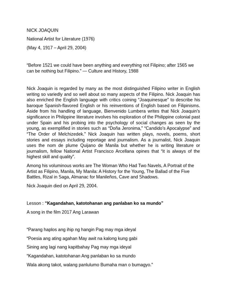 Nick Joaquin - Ang Larawan | PDF | Philippines