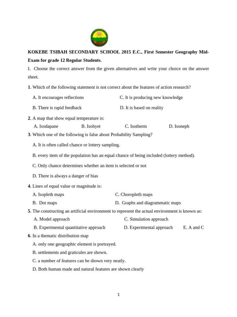 Grade 12 Geo MID EXAM 2015 | PDF | Map | Hypothesis