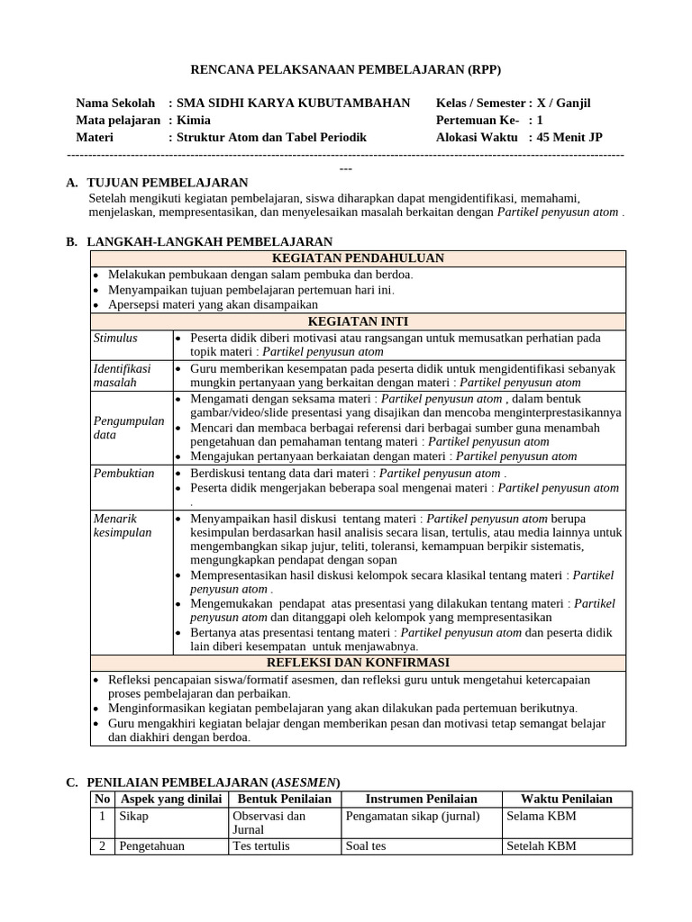 RPP 2 - Struktur Atom Dan Tabel Periodik | PDF