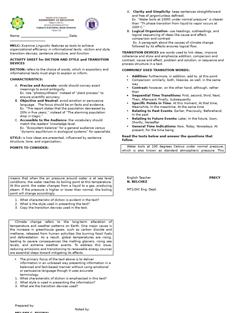 Final ACTIVITY SHEETDiction and Style and Transition Devices | PDF | Water | Climate Change