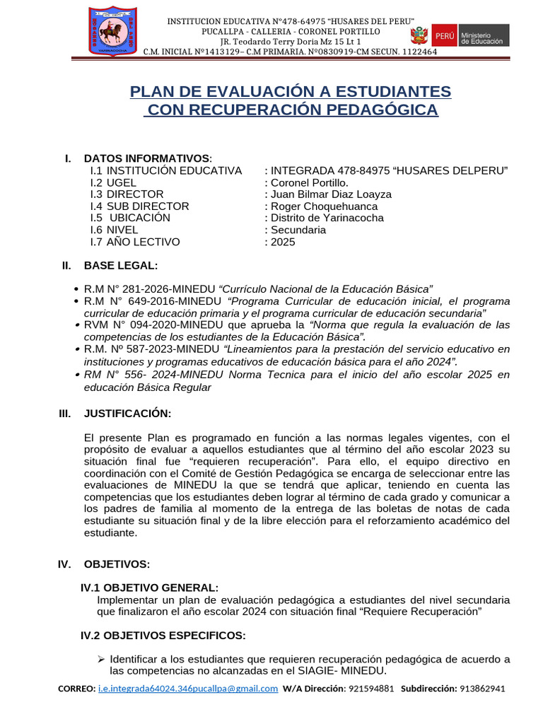 Plan de Recuperación Pedagógica 2025 | PDF | Evaluación | Decimal