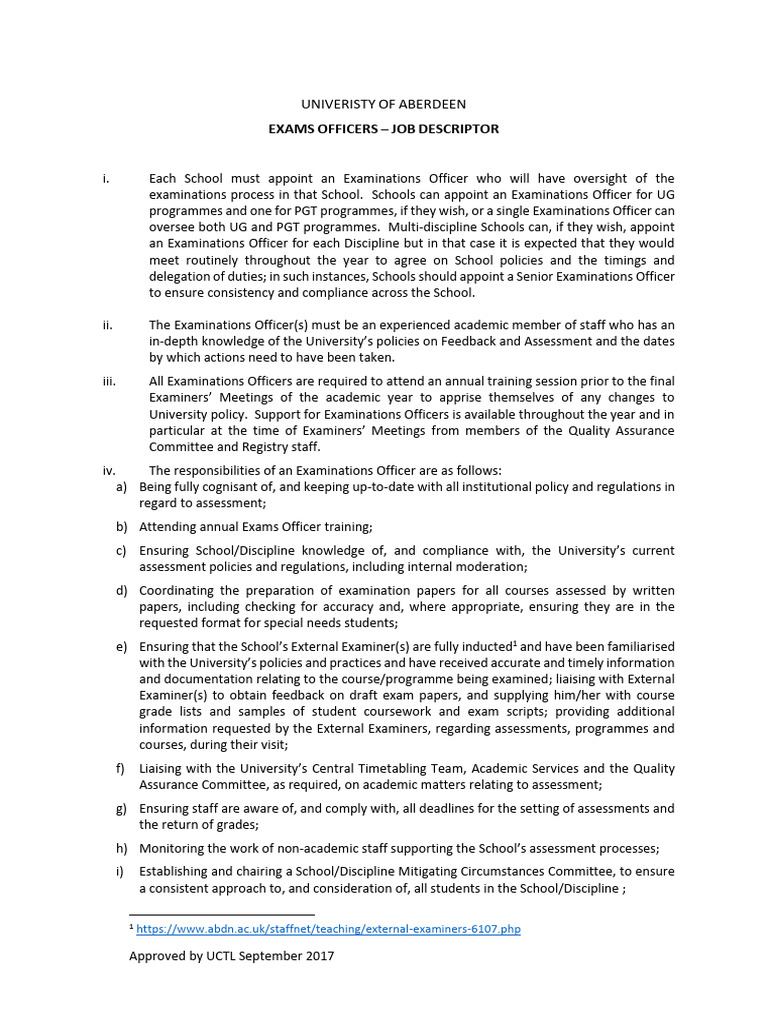 AandF - Exams Officer Job Description | PDF