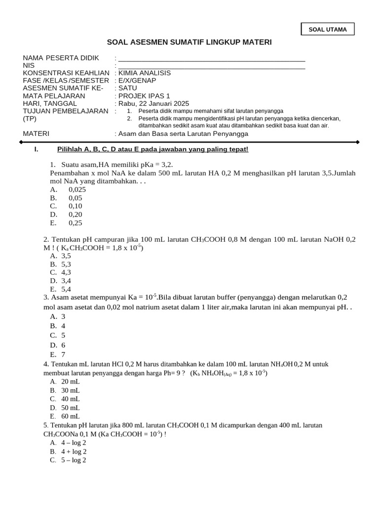 Soal Ulangan Harian Projek IPAS 1 Kelas 10 Kimia Analis paket A _ 22 Januari 2025 | PDF