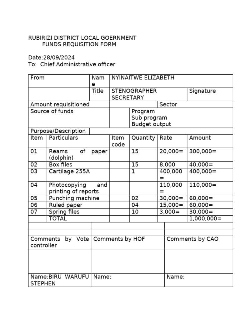 Rubirizi District Funds Requisition Form | PDF