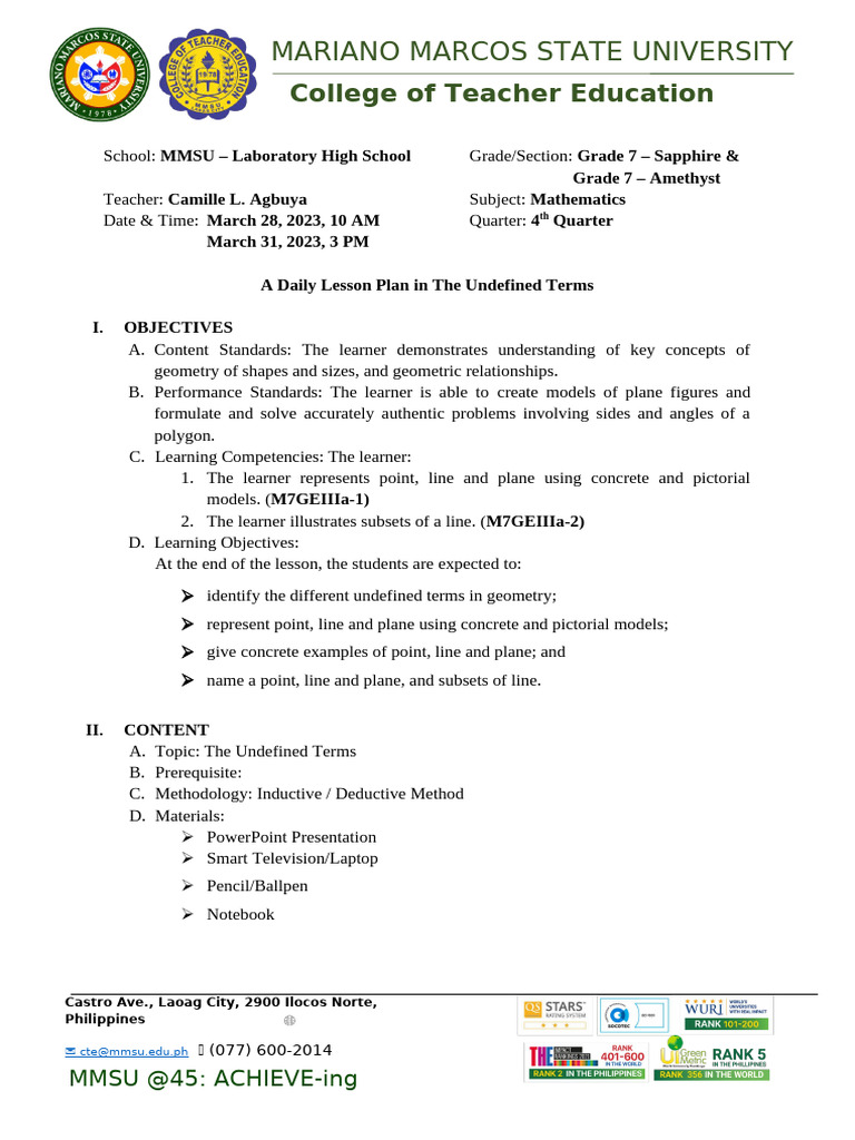 DLP 1 - The Undefined Terms | PDF | Learning | Line (Geometry)