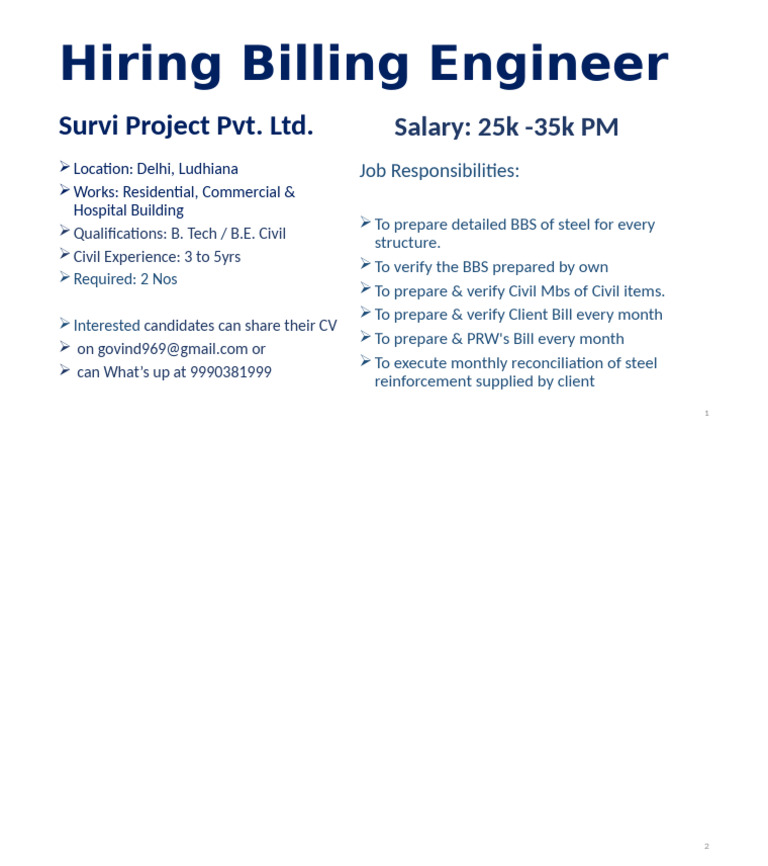 Survi Project PVT LTD Reqd Billing Engineer 2 Nos | PDF