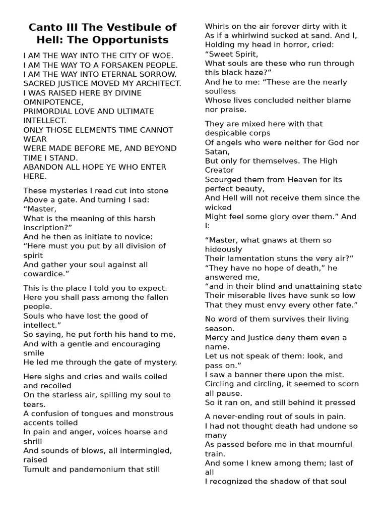 Canto III The Vestibule of Hell | PDF | Hell | Dante Alighieri