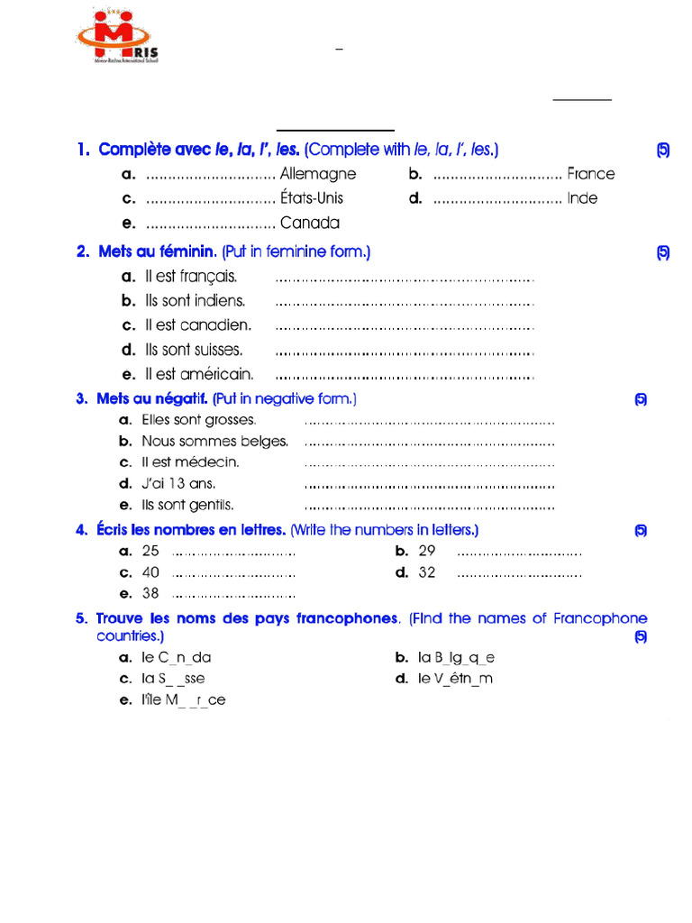French Revision Worksheet - Lecon 5 and 6 - Grade 6 | PDF