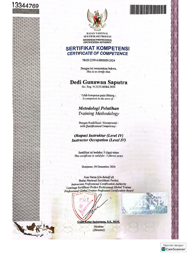 SERTIFIKAT KOMPETENSI BNSP_INSTRUKTUR | PDF