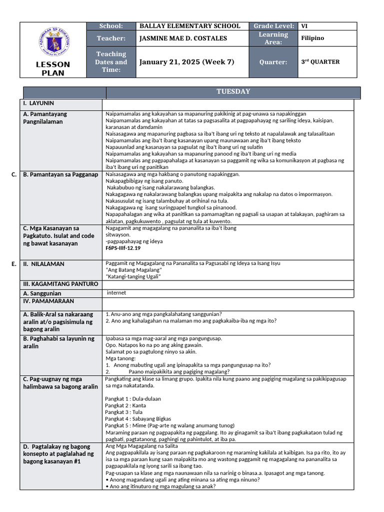 DLL - Filipino 6 - Q3 - W7 | PDF