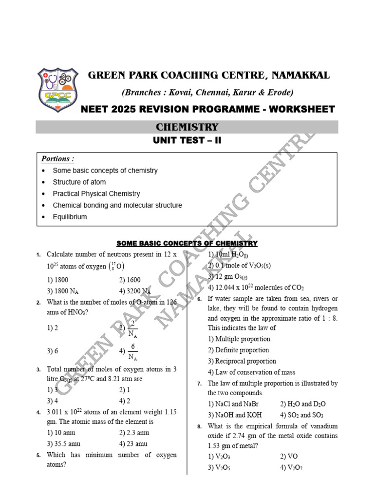 Lt-Worksheet-Unit Test - Ii - (Chemistry) | PDF | Chemistry | Chemical ...