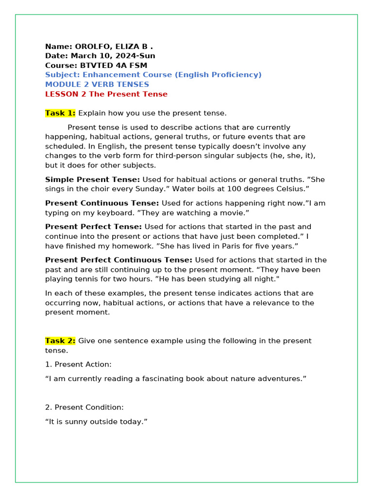MODULE 2 VERB TENSE | PDF | Grammatical Tense | Linguistics