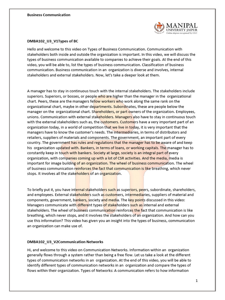 Business Communication - Unit 3 | PDF | Communication | Stakeholder (Corporate)