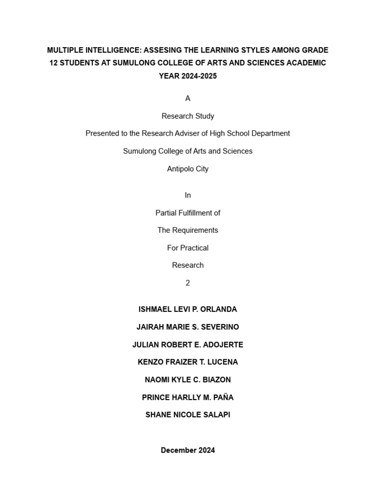 MULTIPLE INTELLIGENCE ASSESING THE LEARNING STYLES AMONG GRADE 12 STUDENTS AT SUMULONG COLLEGE ...