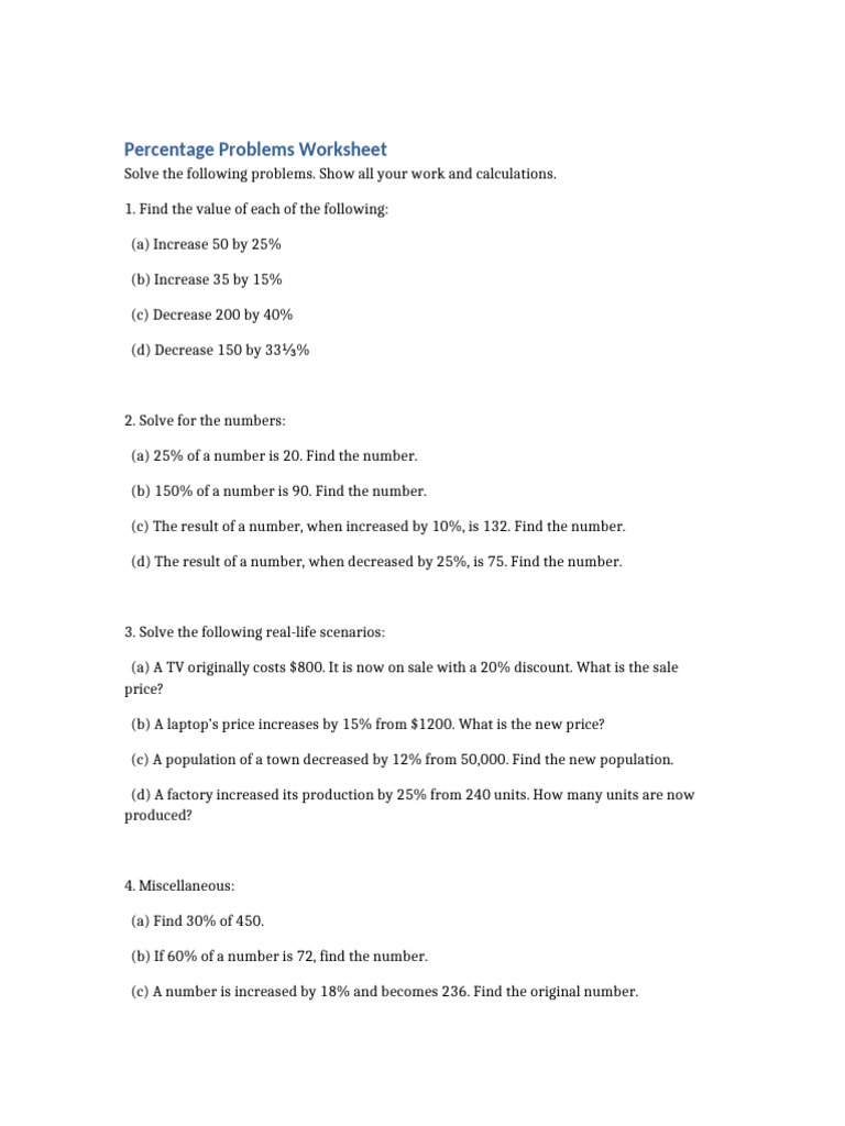 Percentage_Problems_Worksheet (1) | PDF