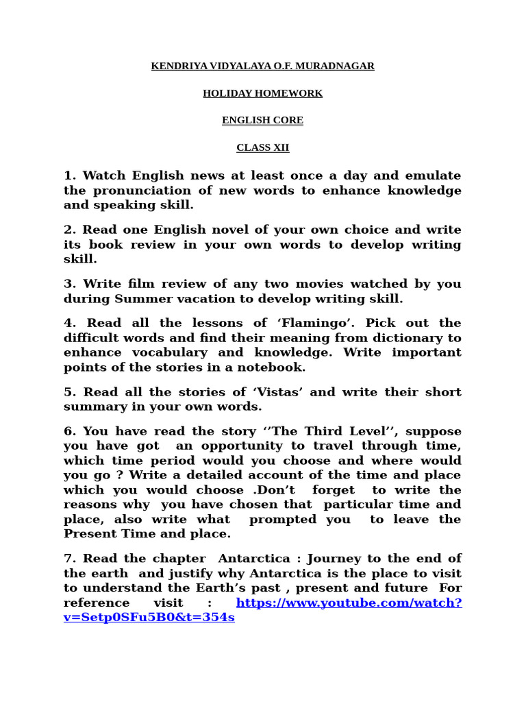 Class 12 English Holiday Homework | PDF