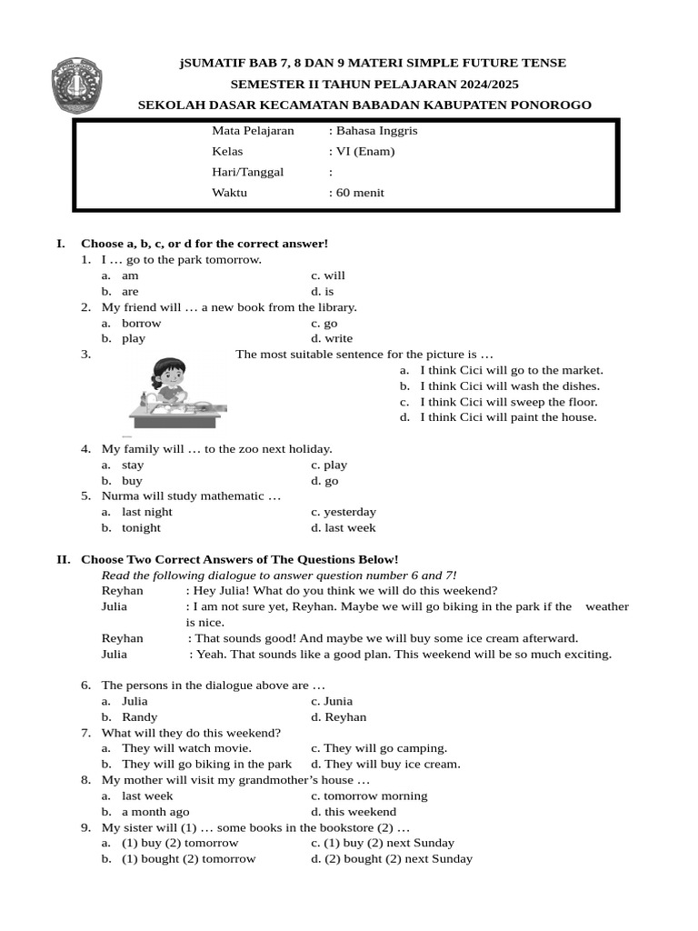 Sumatif Bab 7 Dan 8 Materi Simple Future Tense | PDF