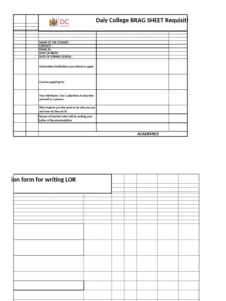 Daly College Brag Sheet requisition form for Students asking for an LOR ...