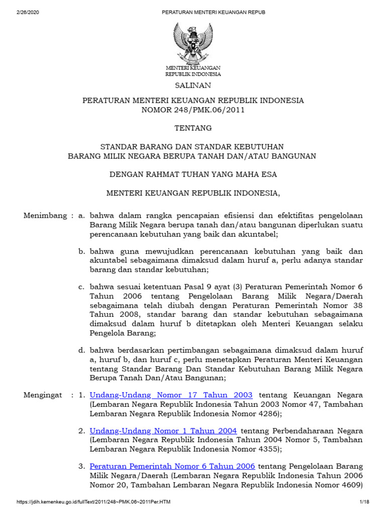 PMK 248 Tahun 2011 SBSK Tanah Dan Bangunan | PDF