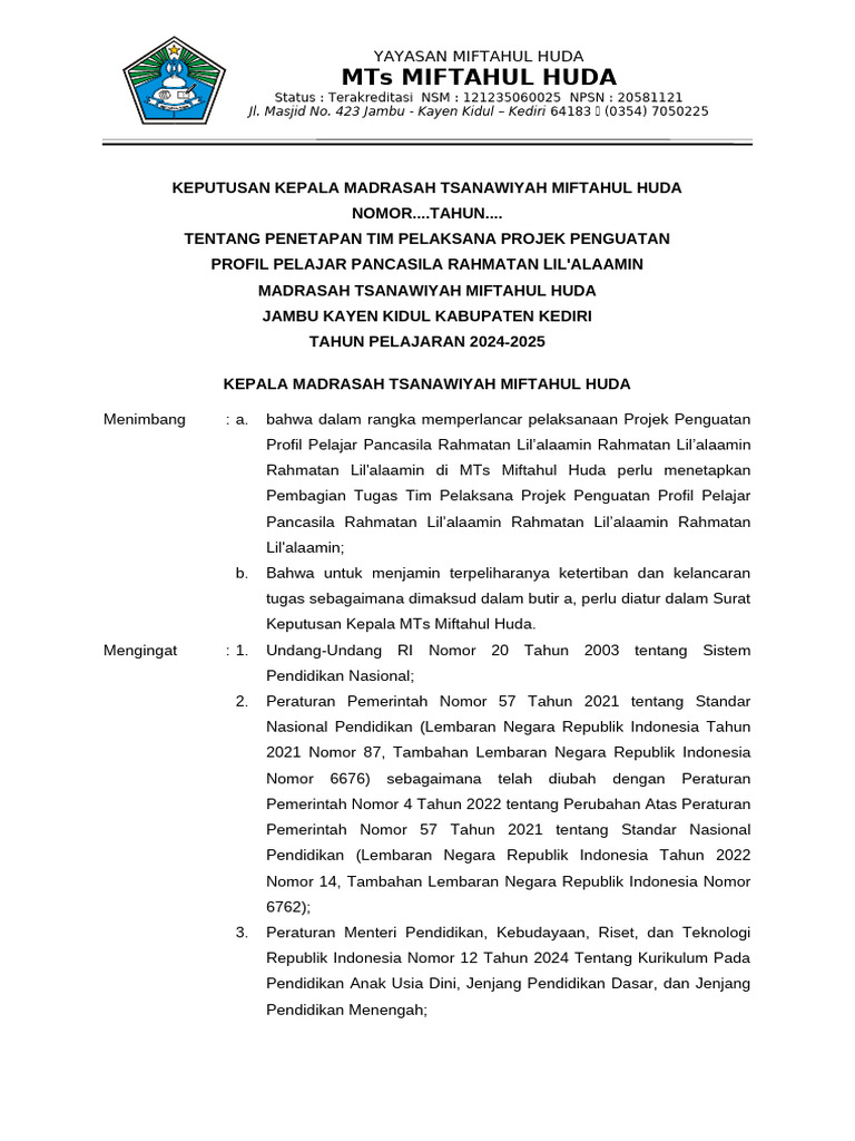 SK Kamad Tentang Penetapan Tim P5ra Tahun 2024-2025 | PDF