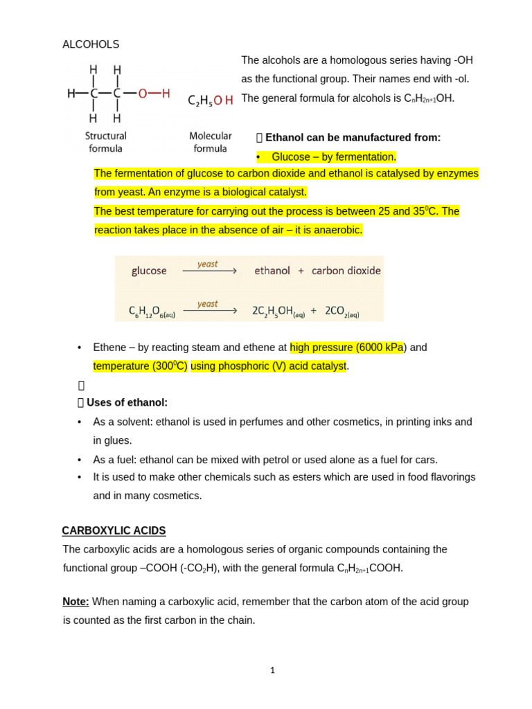 ALCOHOLS__AND_CARBOXYLIC_ACIDS_NOTES[1] | PDF | Ester | Ethanol