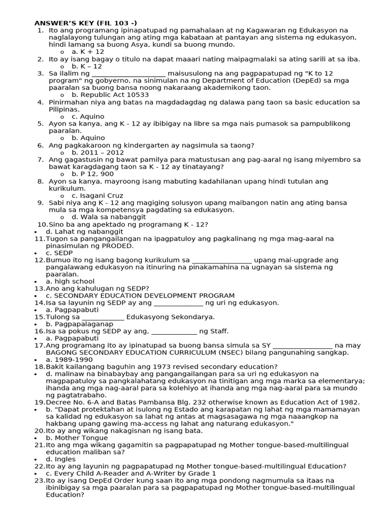 ANSWER's Key Fil 103 | PDF