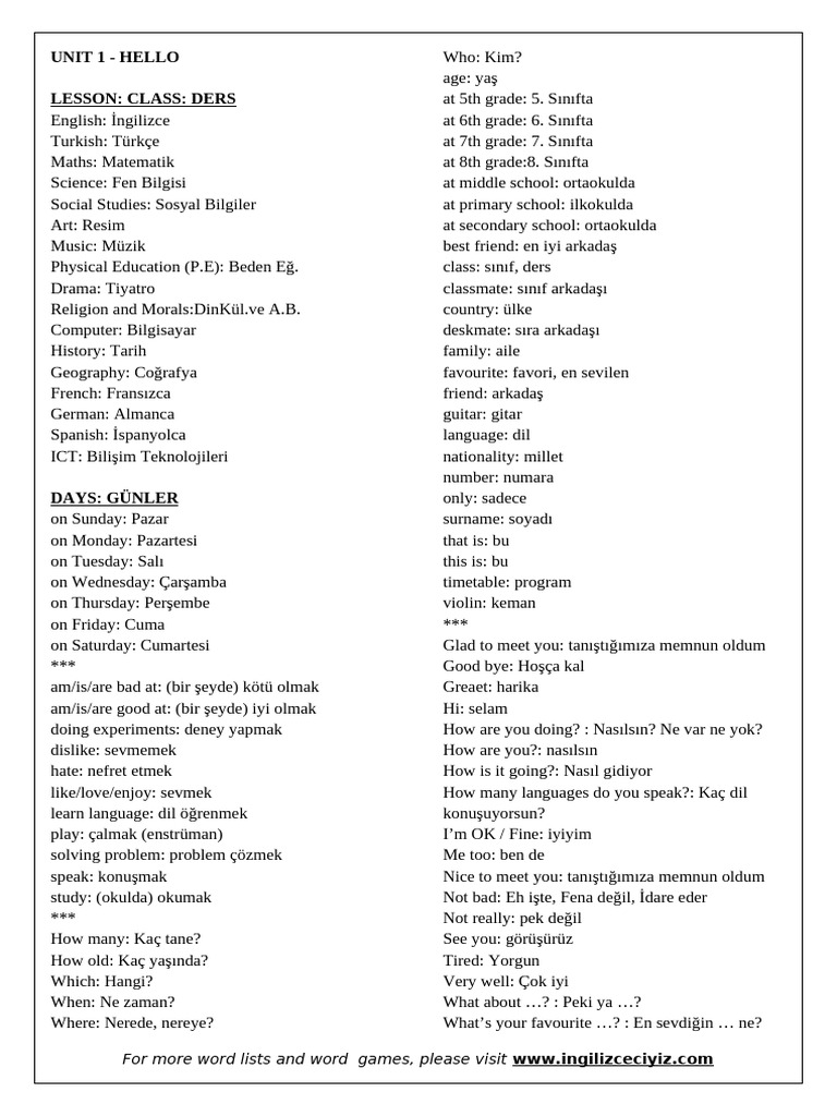 Unit 1 - Hello Lesson: Class: Ders: For More Word Lists and Word Games ...
