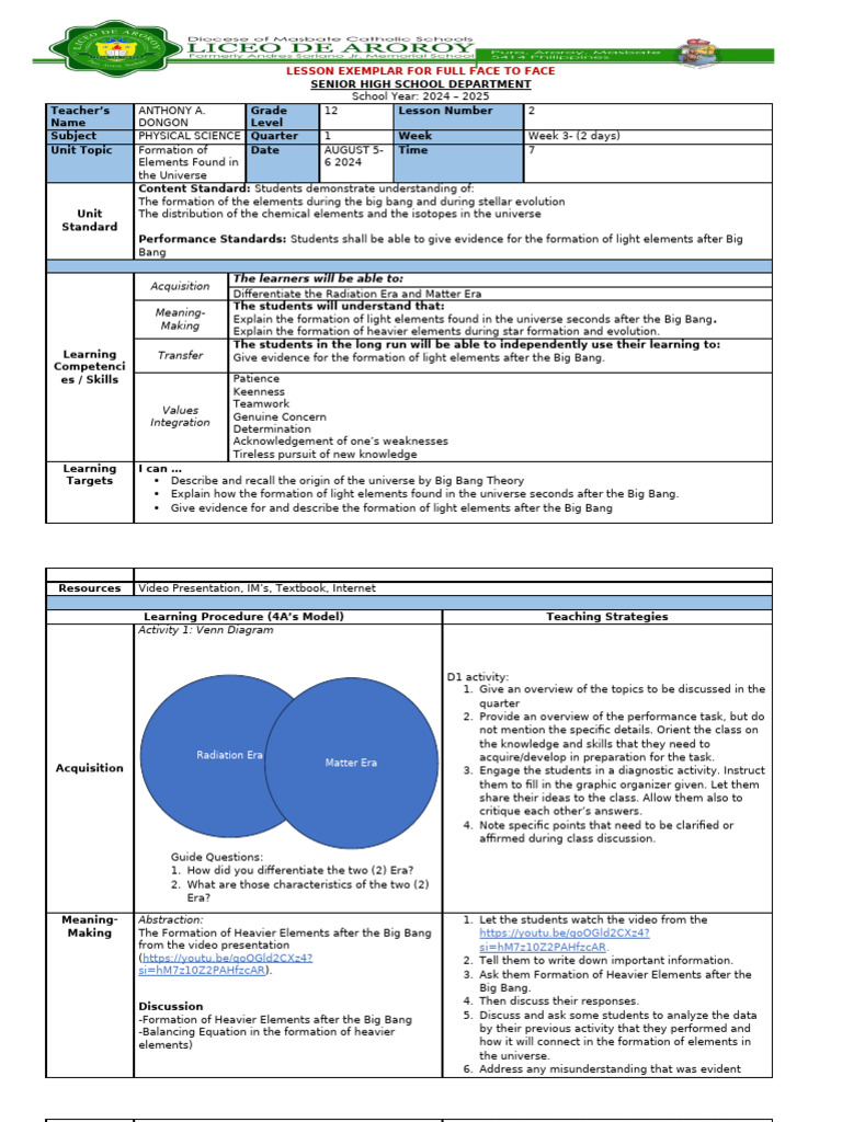 1ST QUARTER WEEK 2 PHYSICAL SCIENCE LESSON EXEMPLAR | PDF | Universe ...