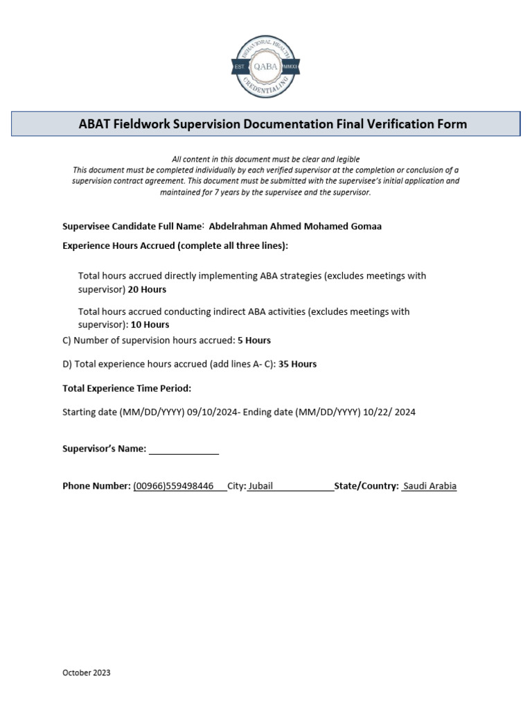ABAT-Fieldwork-Supervision-Documentation-Final-Verification-Form | PDF | Certification