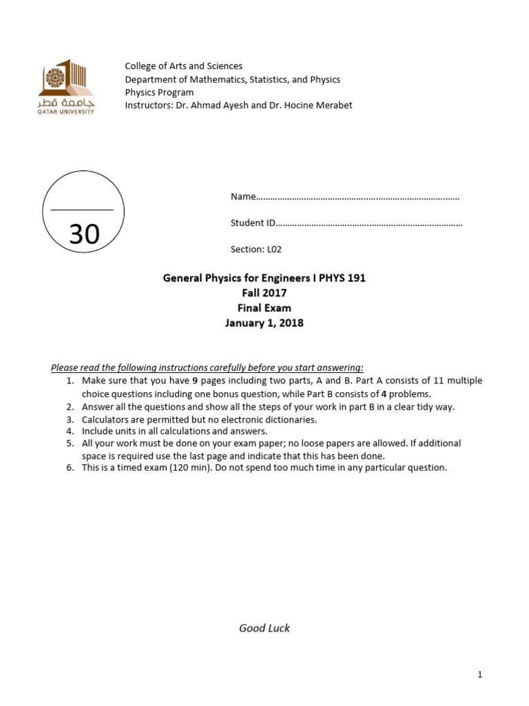 Final Exam PHYS191 L02 FA2017 V1_solved | PDF | Acceleration | Velocity