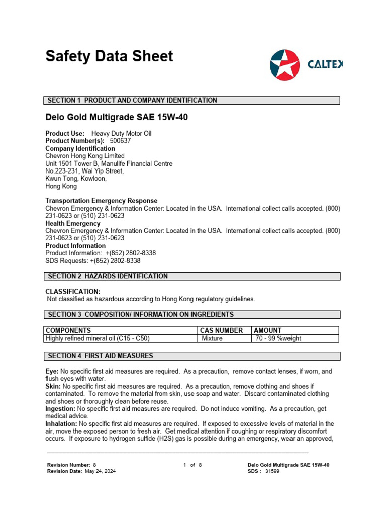 Delo Gold Multigrade SAE 15W-40 Sds | PDF | Personal Protective ...