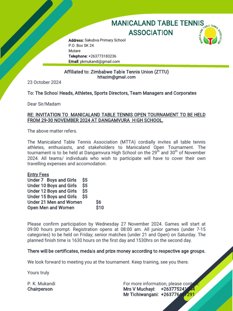 Manicaland Table Tennis Open 2024 | PDF