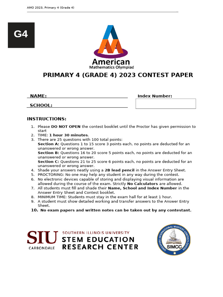 AMO 2023 Primary 4 Grade 4 Contest PaperV2 | PDF